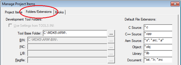 µVision User's Guide: Set Folders and File Extensions